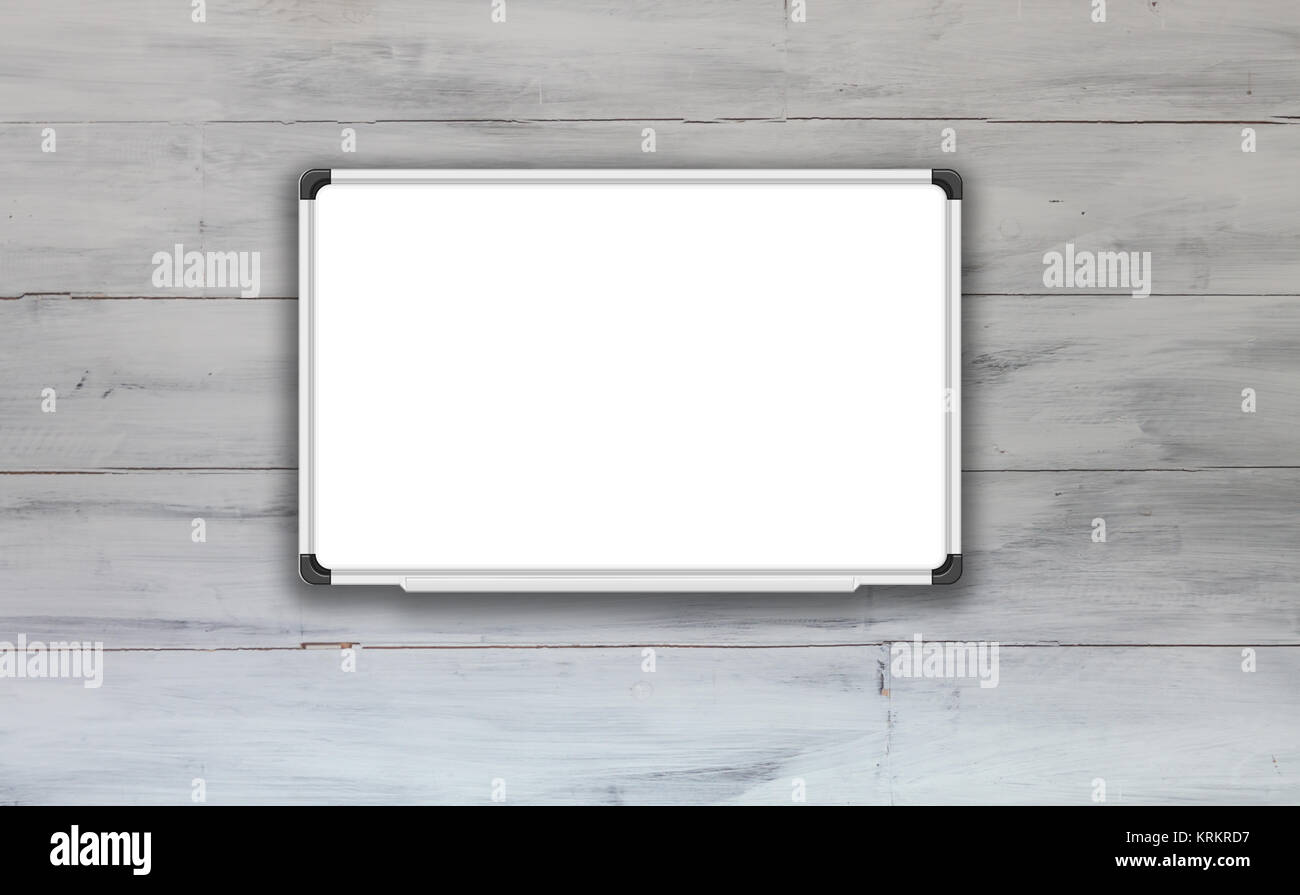 Blank white board with white wooden wall background Stock Photo - Alamy