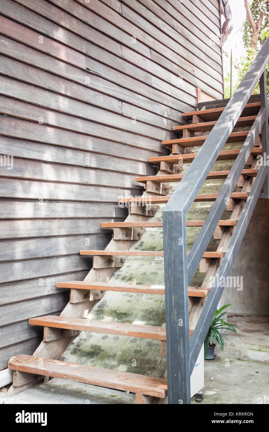 Wooden stairs in coffee shop Stock Photo - Alamy