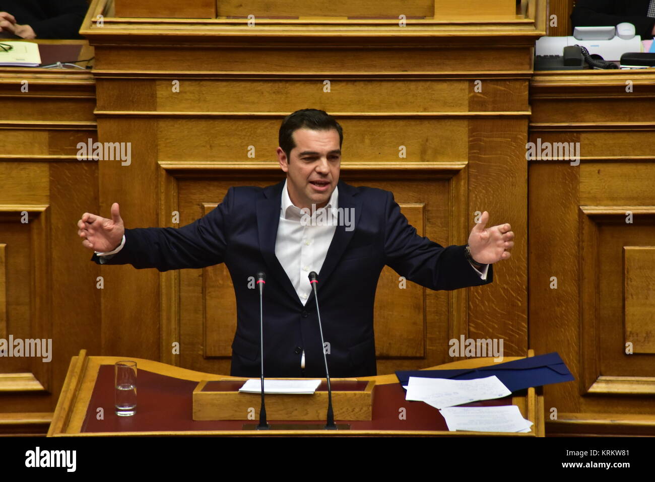 Greek Prime Minister Alexis Tsipras, during his speech in Hellenic ...