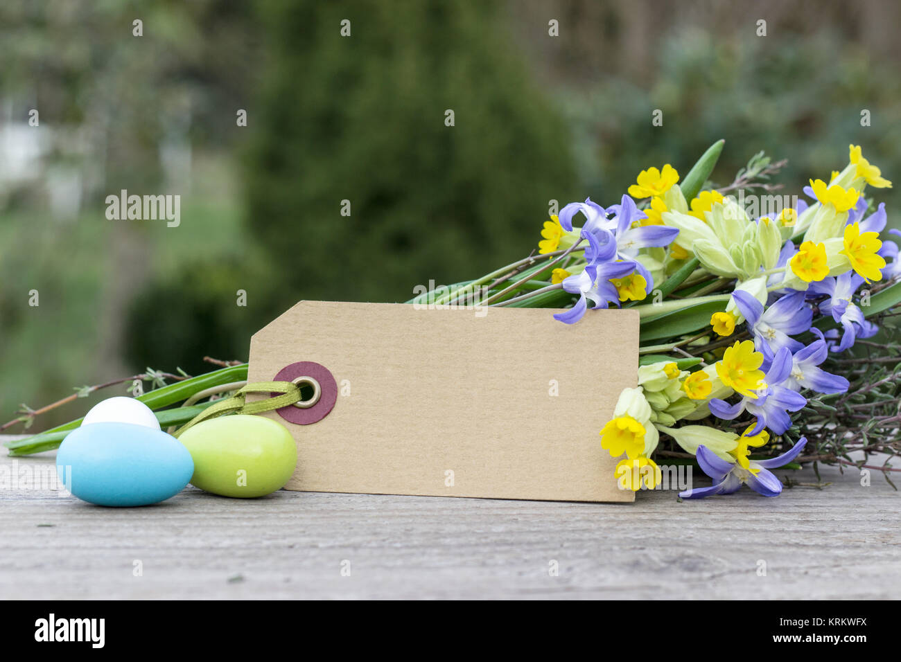 Spring flowers with Easter eggs and card Stock Photo - Alamy