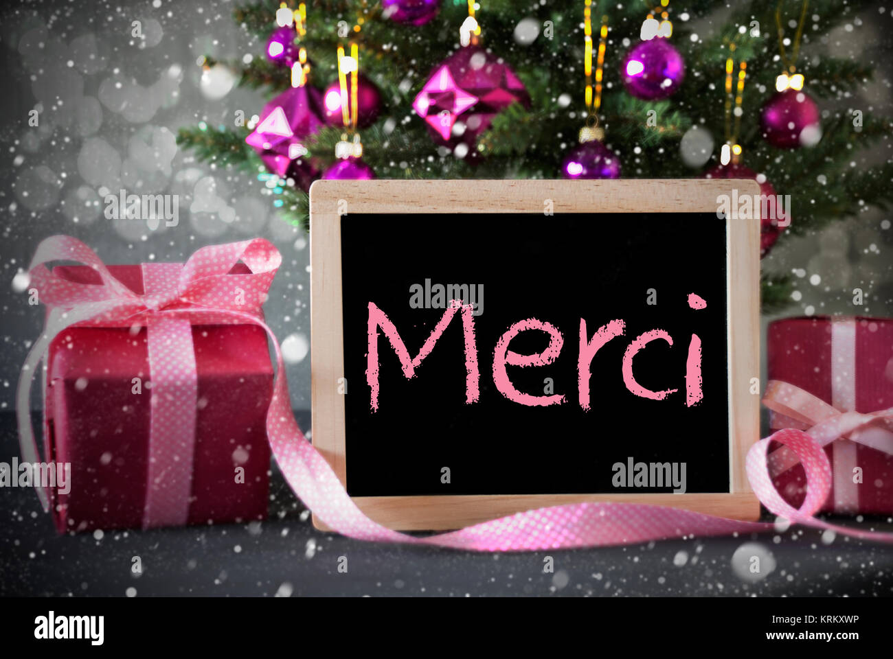 Chalkboard With French Text Merci Means Thank You. Christmas Tree With ...