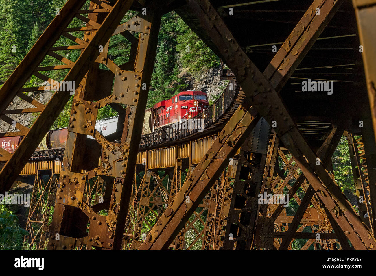 CPR grain train led by loco 8856 westbound over Anderson River bridge ...