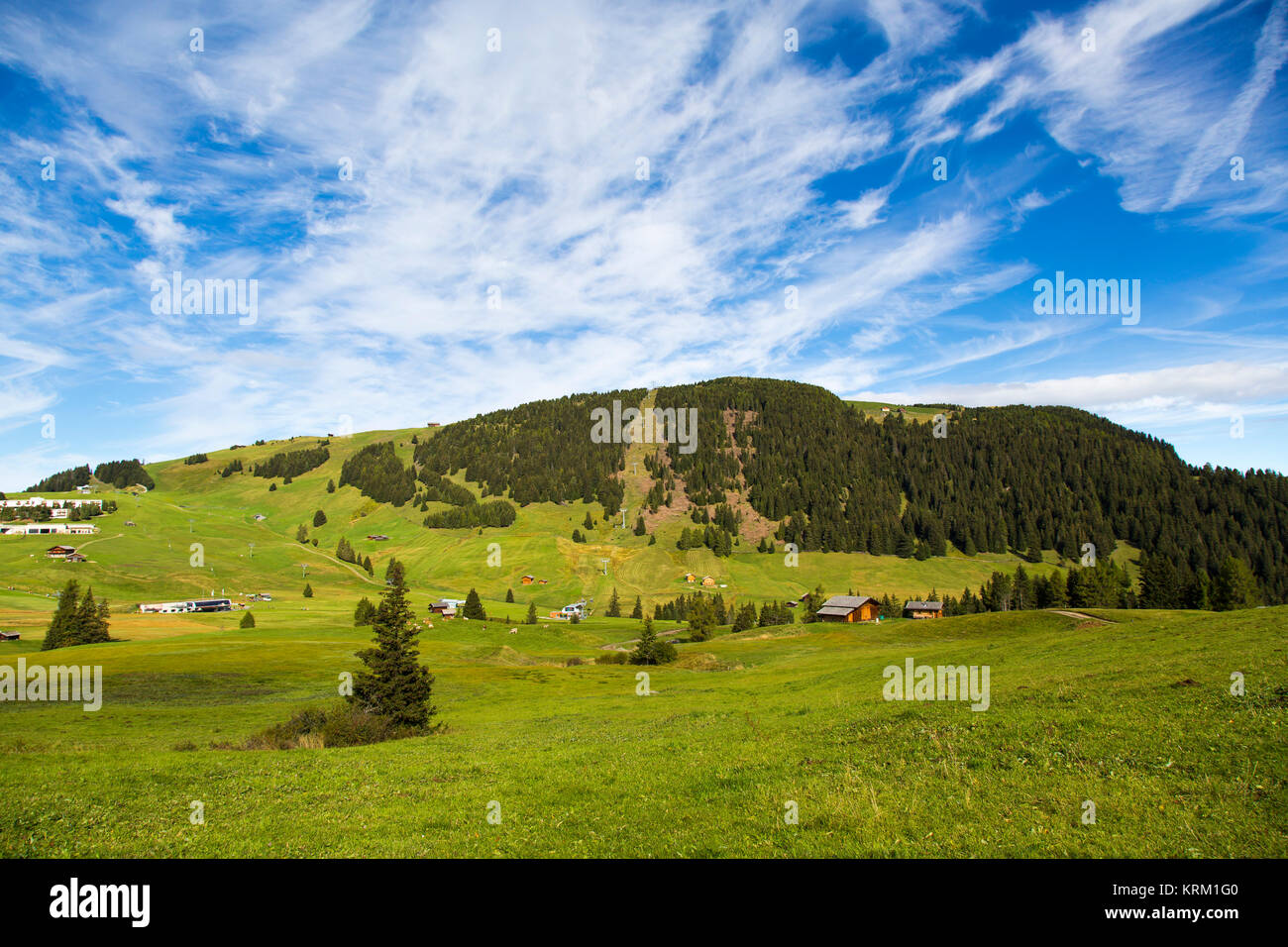 panoramic view of the Seiser Alm in a sunny day with blue sky and ...