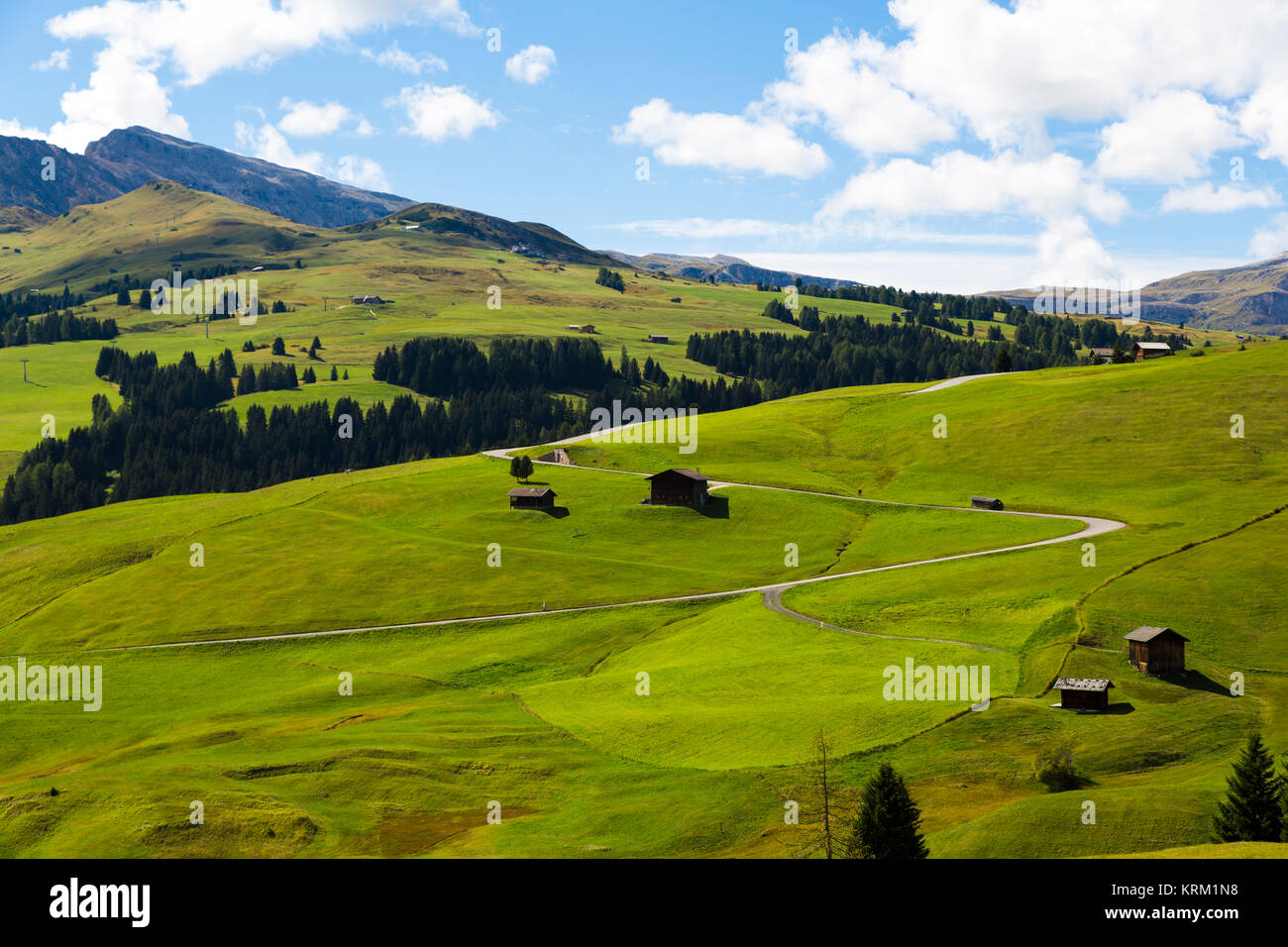 panoramic view of the Seiser Alm in a sunny day with blue sky and ...