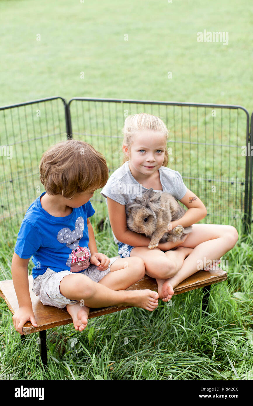 children playing with rabbit Stock Photo - Alamy
