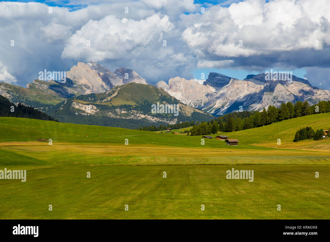 panoramic view of the Seiser Alm in a sunny day with blue sky and ...