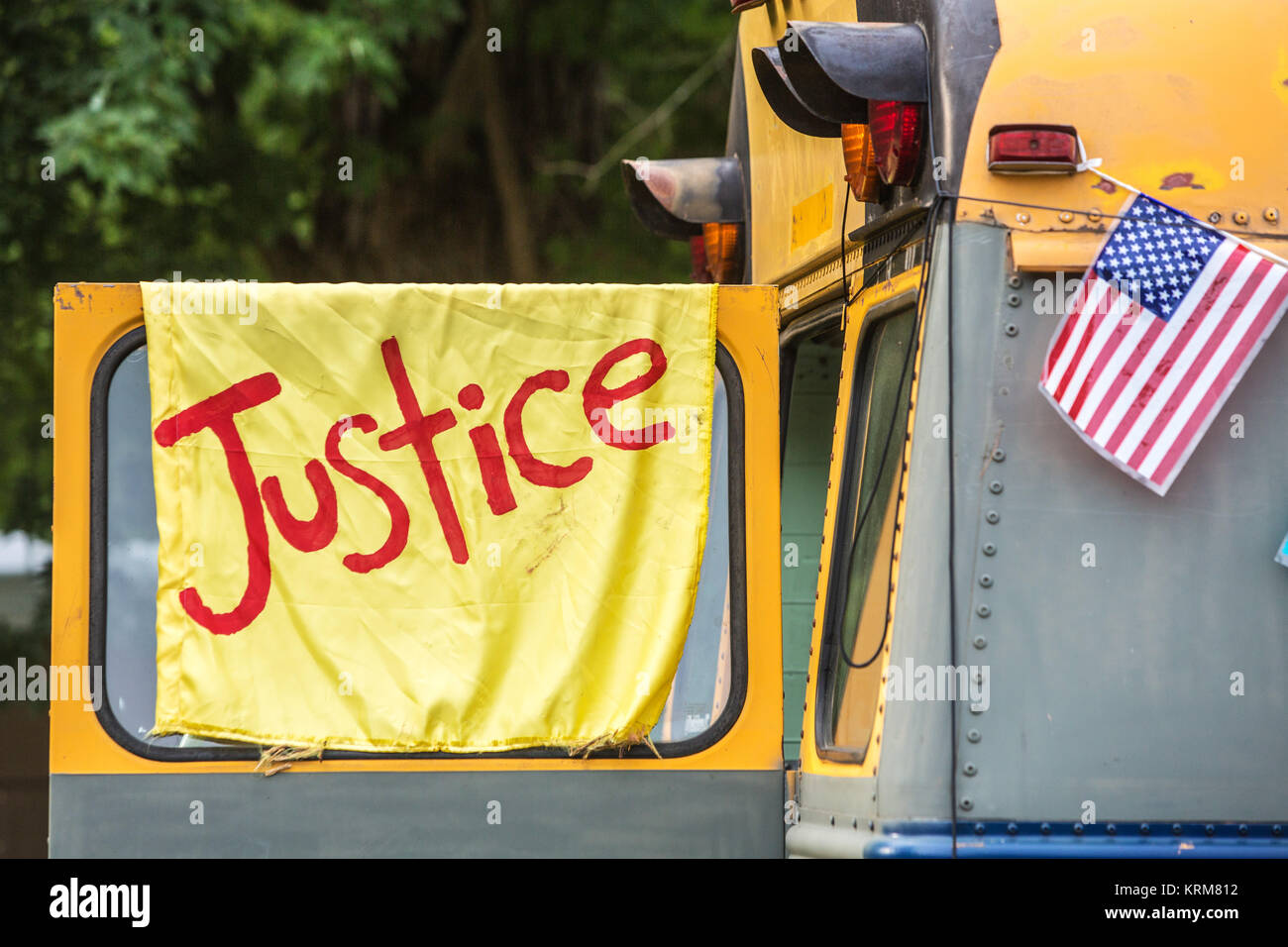 Yellow banner on old bus Stock Photo - Alamy