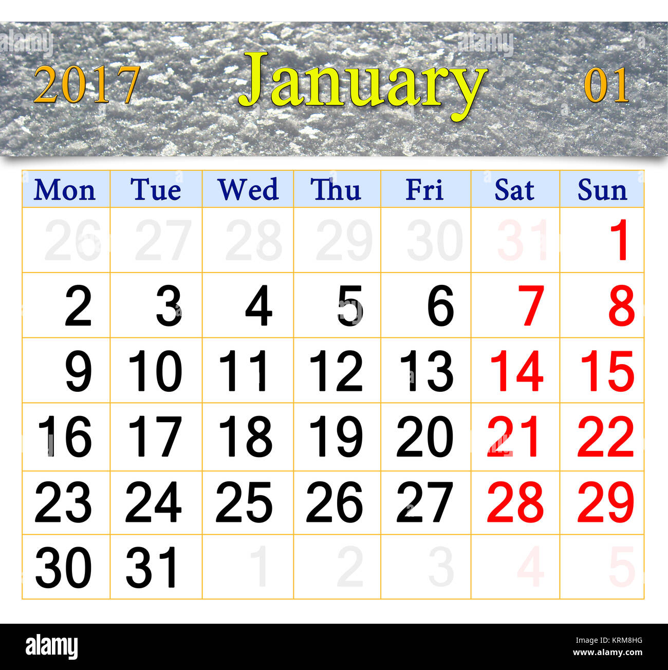calendar for January 2017 with image of snow Stock Photo - Alamy