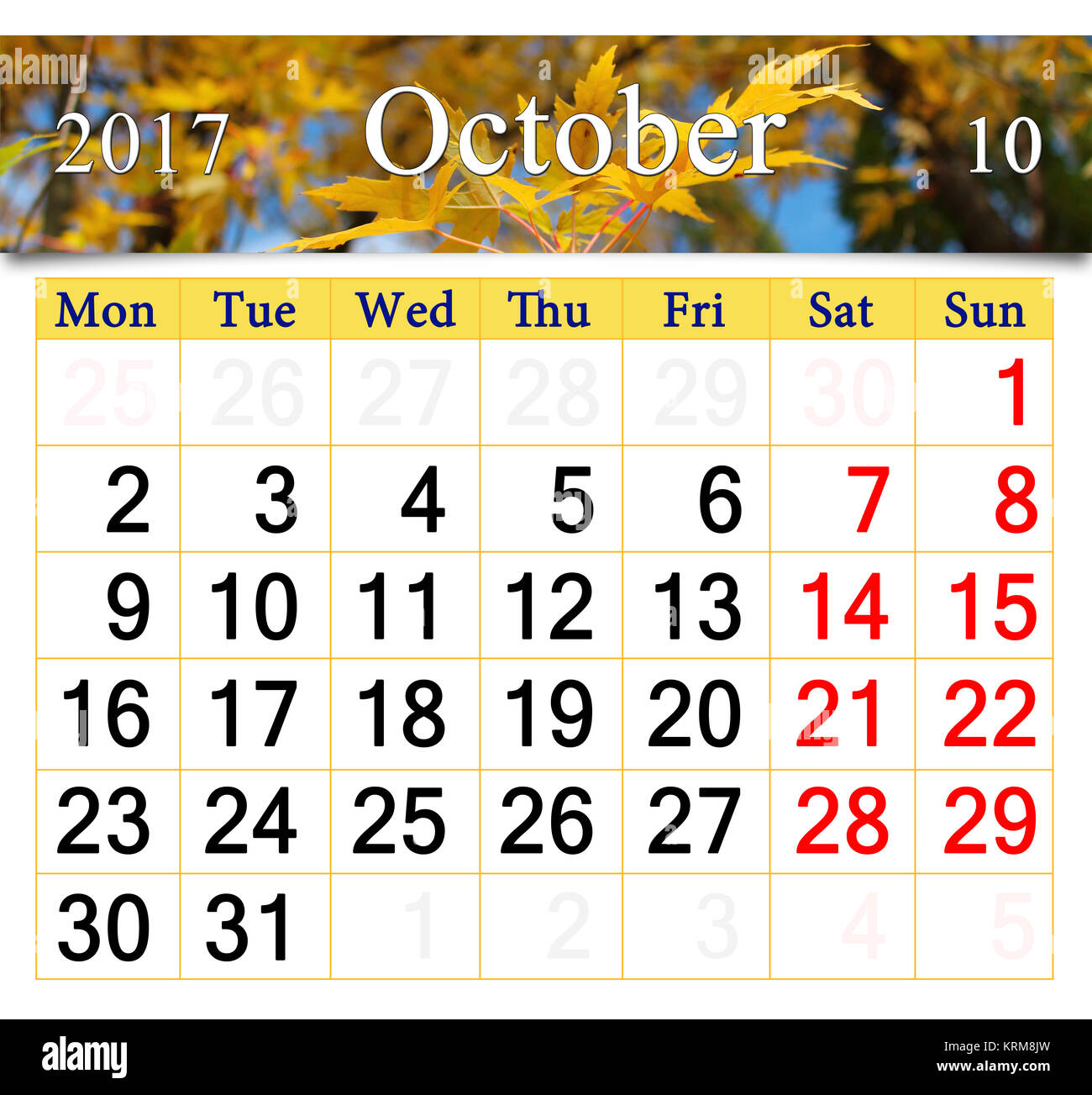 calendar for October 2017 with yellow leaves Stock Photo - Alamy