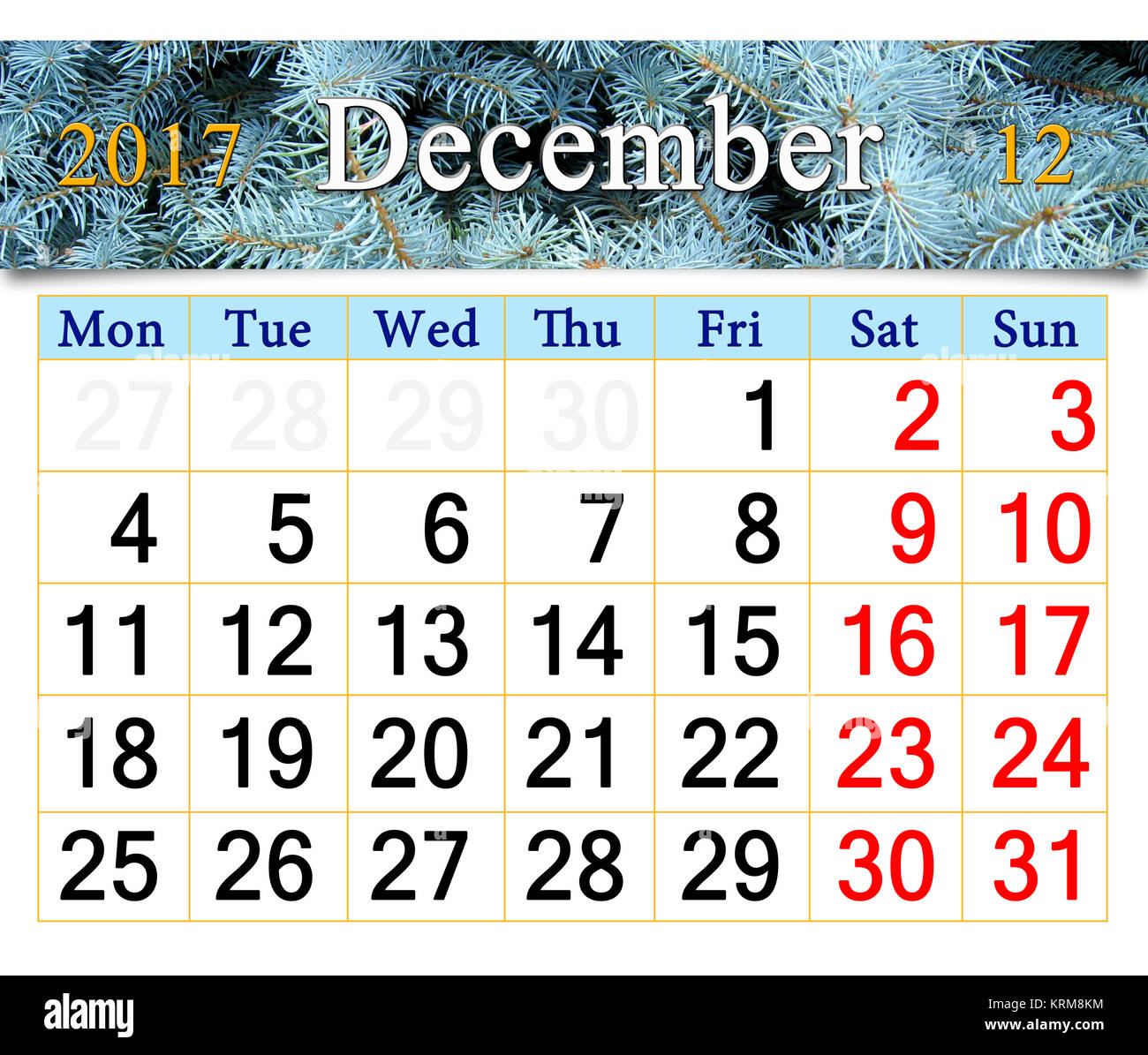 calendar for December 2017 with branches of firtree Stock Photo - Alamy