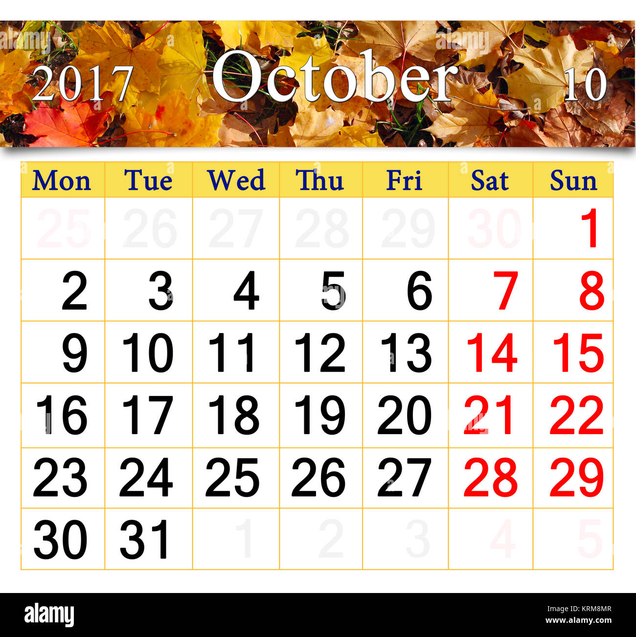 calendar for October 2017 with yellow leaves Stock Photo - Alamy