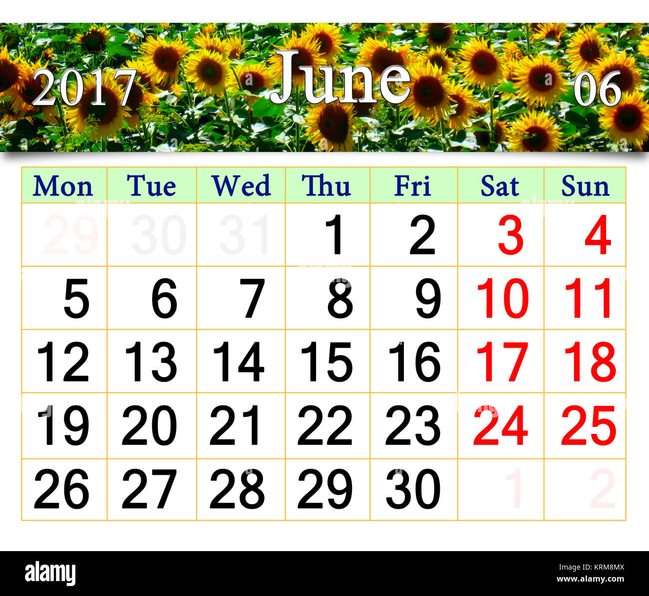 calendar for June 2017 with yellow sunflowers Stock Photo - Alamy
