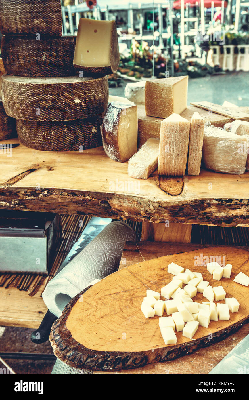 cheese shop. Cheese At Farmers Food Market Stock Photo - Alamy
