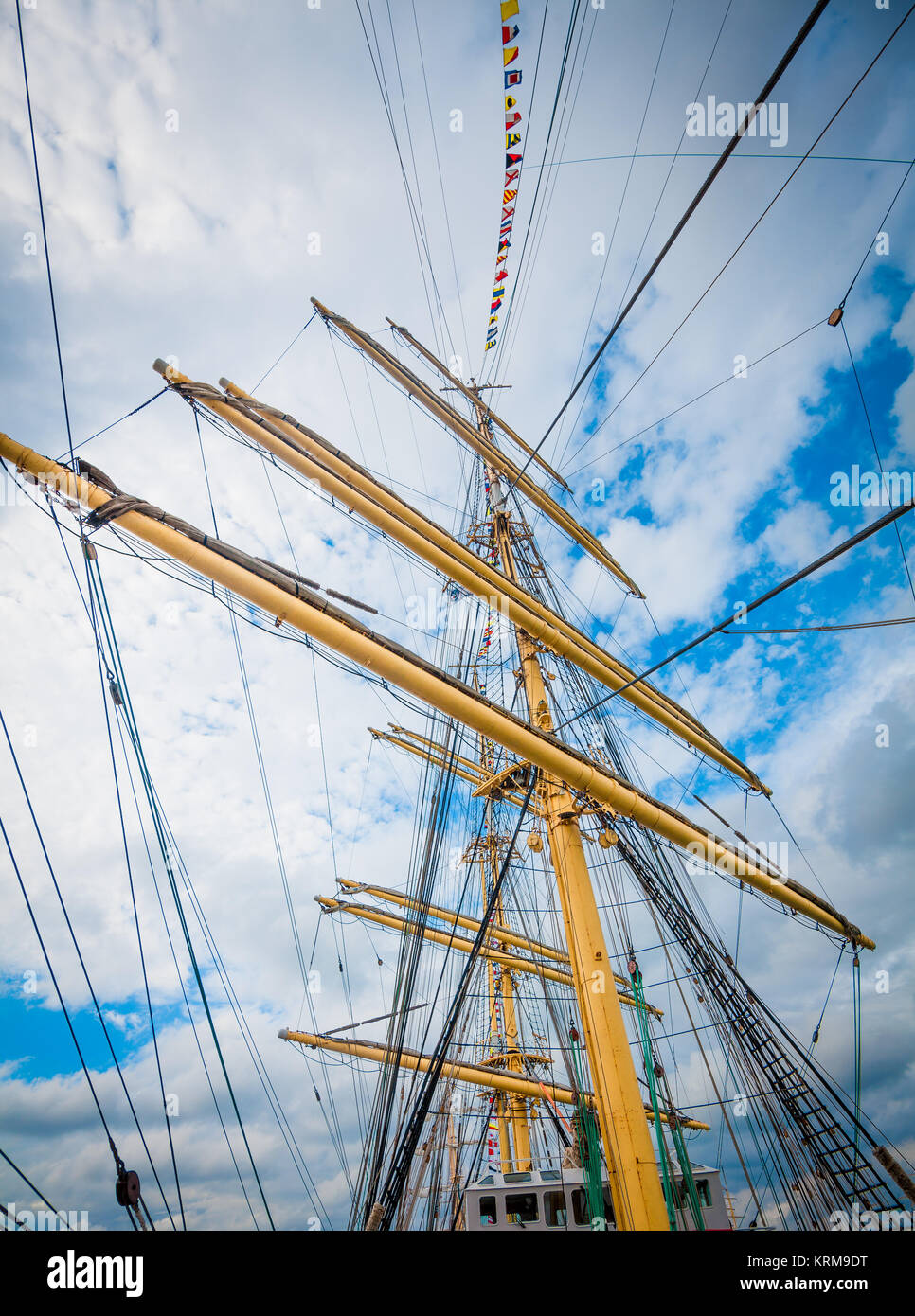 Detail of a sailboat rigging. Mast on traditional sailboats. Mast of ...