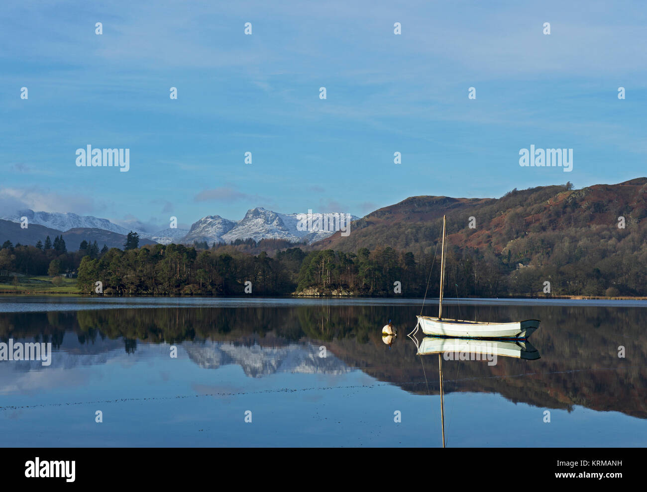 Lake Windermere at Waterhead, and Langdale Pikes, Lake District National Park, Cumbria, England ...