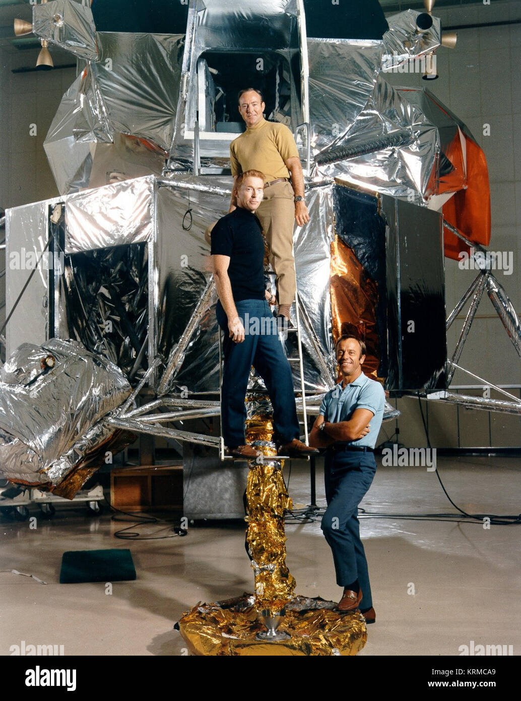 Apollo 14 crew pose on the ladder of a LM mock-up Ap14-S70-45581HR ...