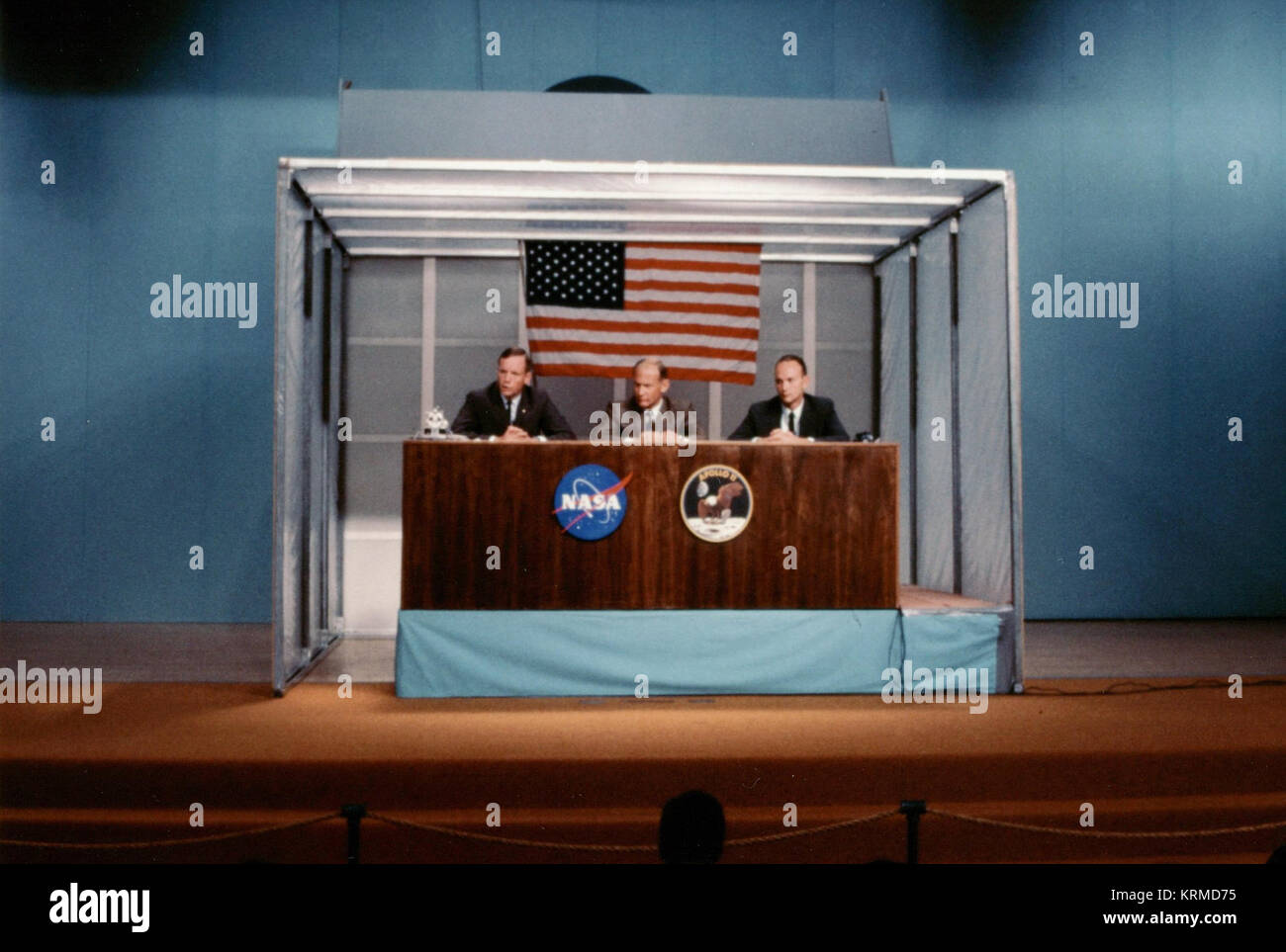 Neil Armstrong (left), Buzz Aldrin, and Mike Collins answer questions ...