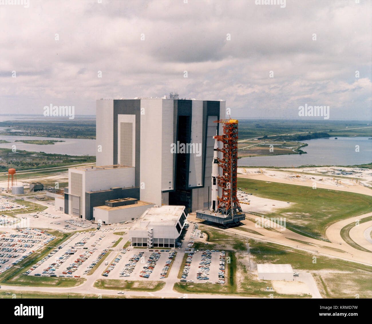 Aerial view of the Apollo 11 Saturn V rollout from the Vehicle Assembly ...