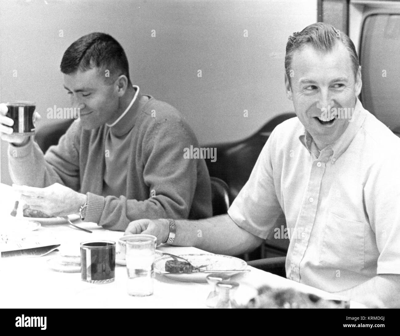 Fred Haise (left) and Jim Lovell during pre-launch breakfast Stock ...