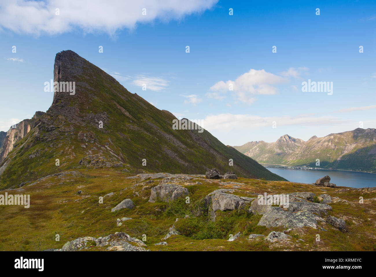 View on Segla mountain at sunset, Senja island, Norway Stock Photo ...