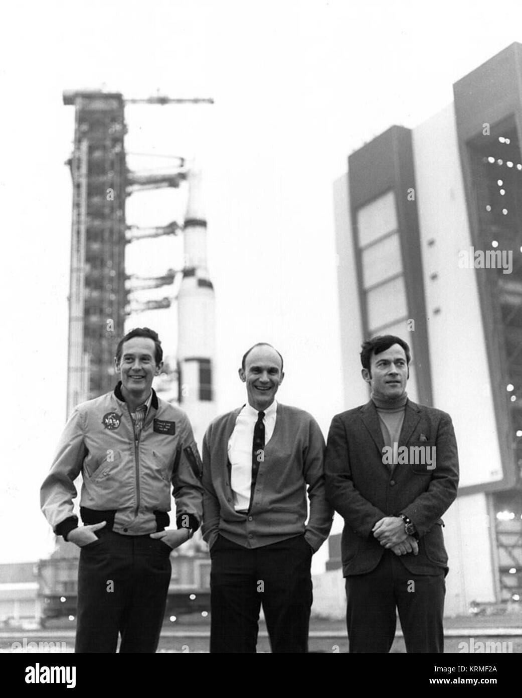 Charlie Duke (left), TK Mattingly, and John Young pose in front of the ...
