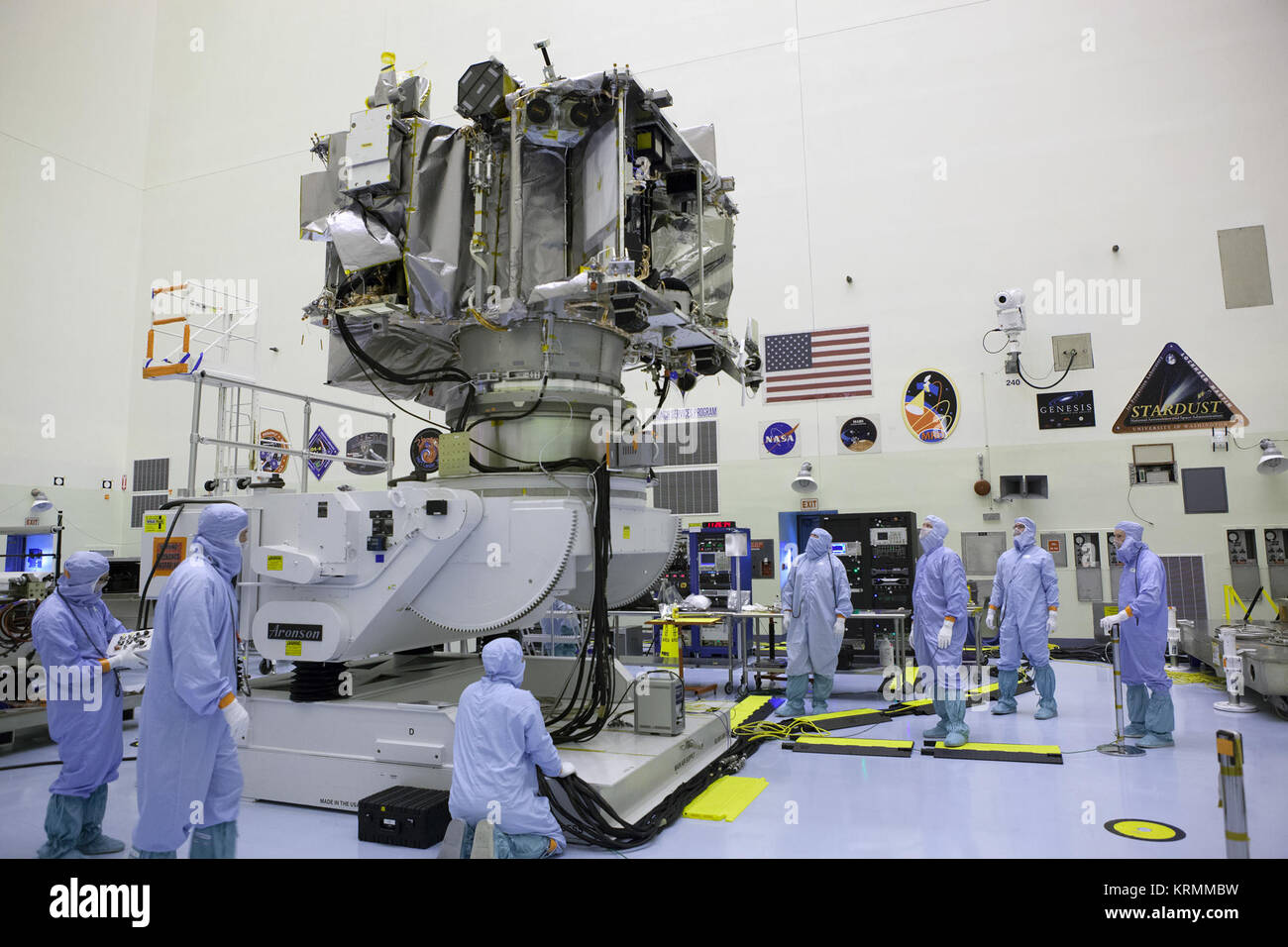 OSIRIS-REx being hoisted on rotation stand and rotated downwards inside ...