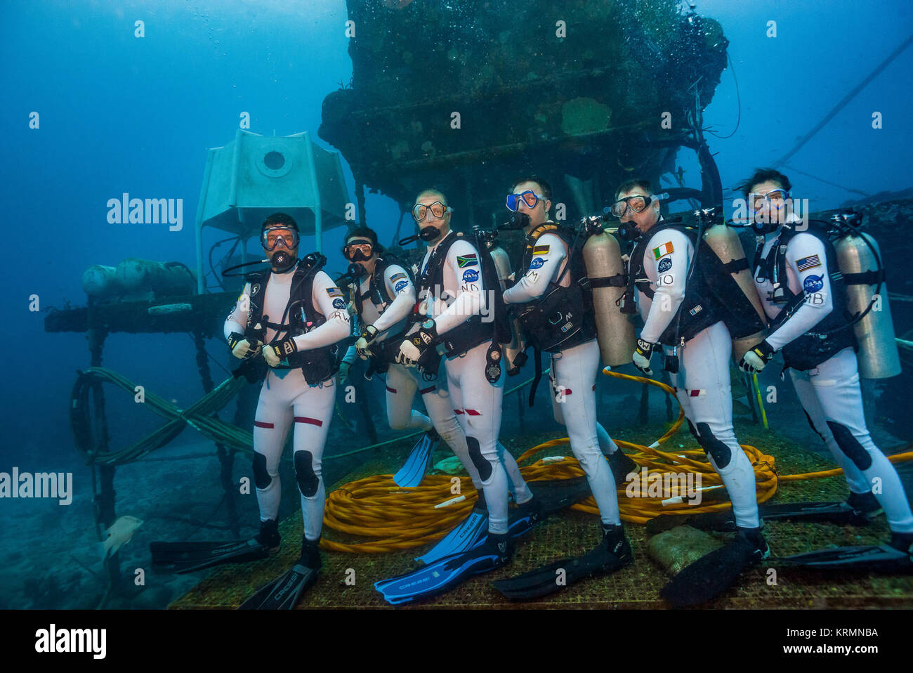 NEEMO 21 Team picture in front of the Aquarius habitat Stock Photo - Alamy
