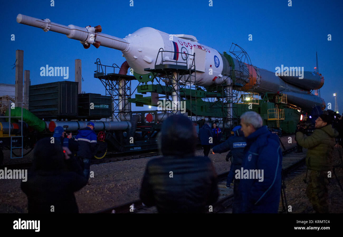 The Soyuz MS-02 spacecraft is rolled out by train to the launch pad by ...
