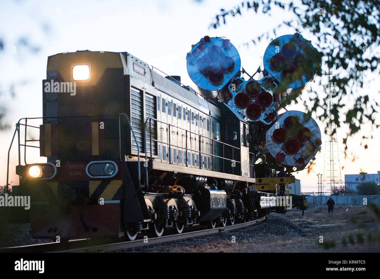 The Soyuz MS-02 spacecraft is rolled out by train to the launch pad by ...