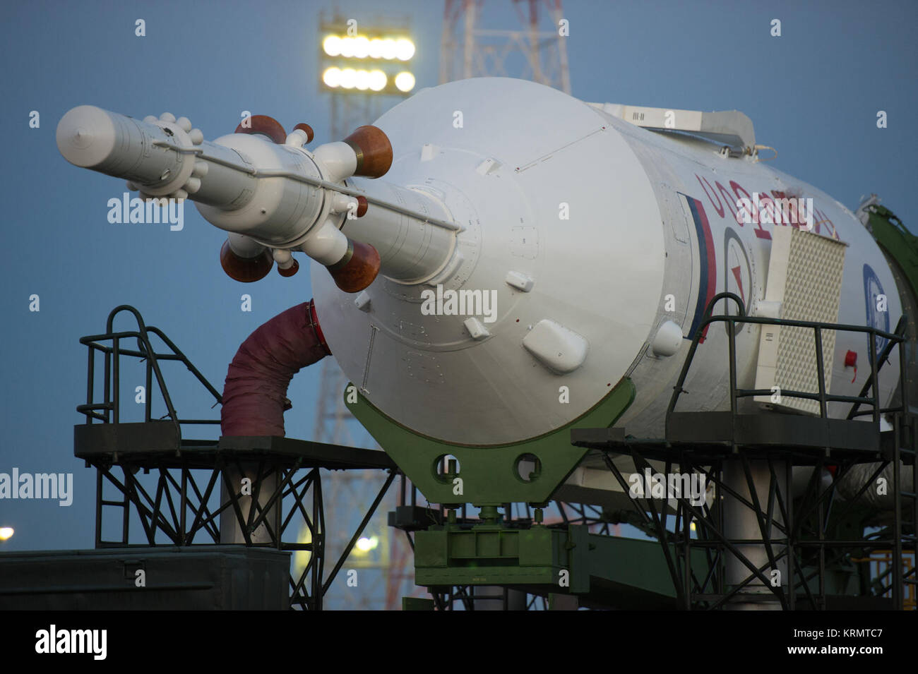 The Soyuz MS-02 spacecraft is rolled out by train to the launch pad by ...