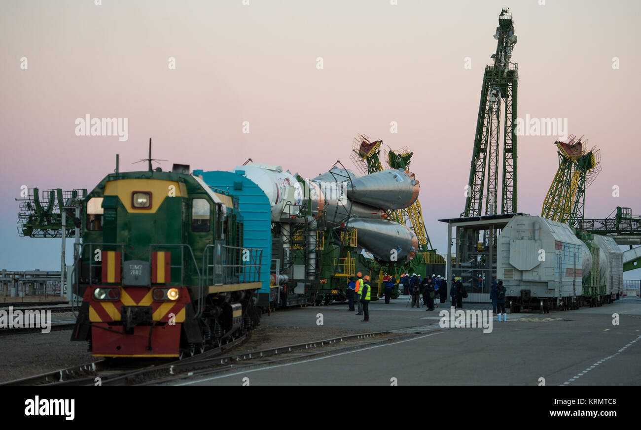 The Soyuz MS-02 spacecraft is rolled out by train to the launch pad by ...