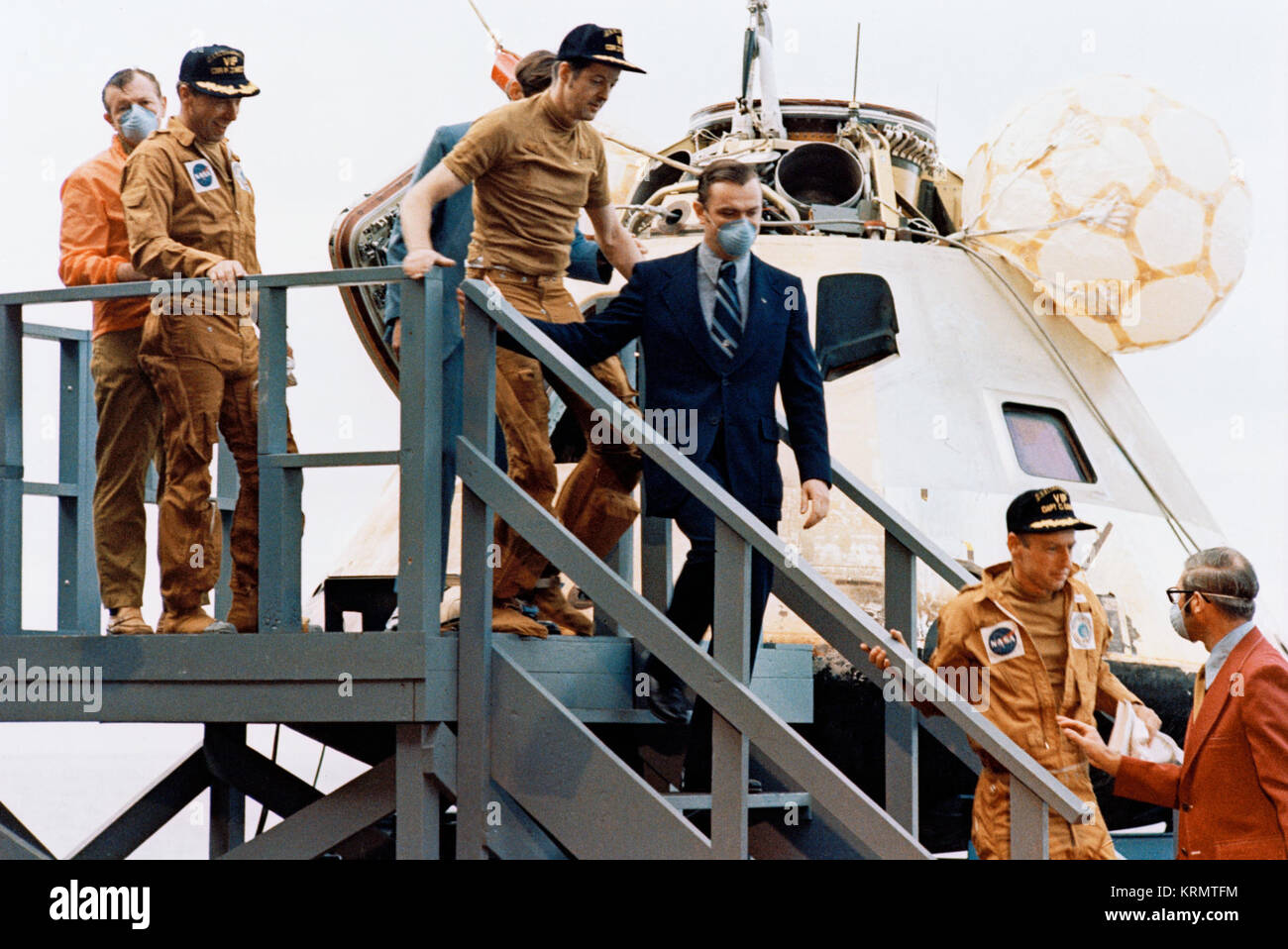 The three Skylab 2 crewmen arrive on the deck of the prime recovery ...