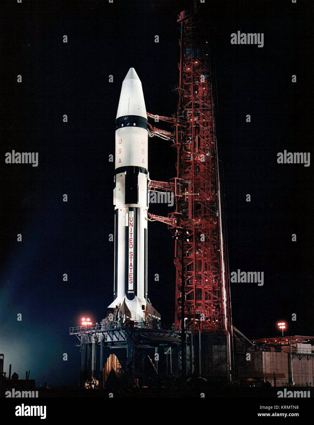 Apollo 5 at night on pad 37 Stock Photo - Alamy