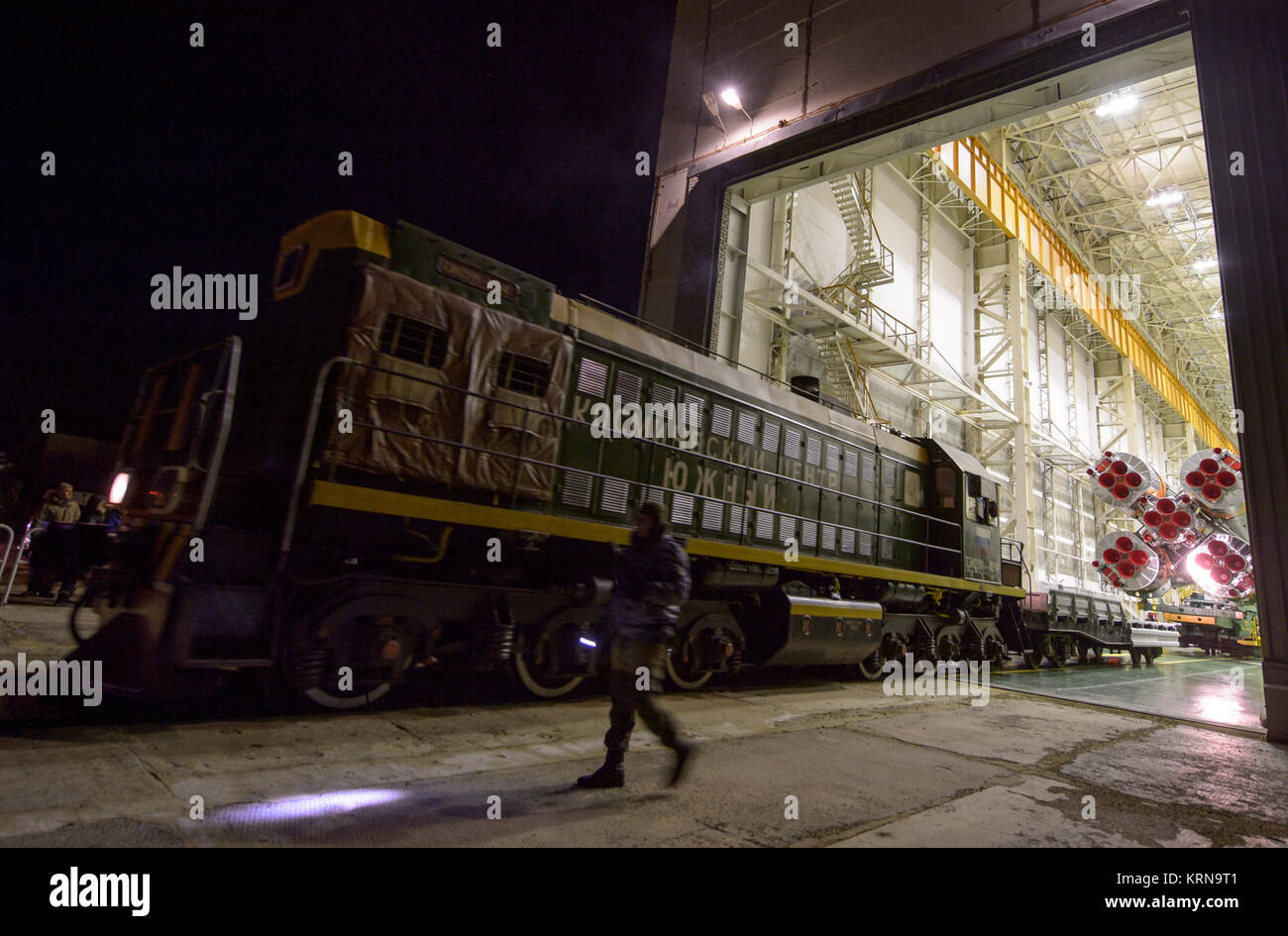 The Soyuz rocket is rolled out by train to the launch pad at the ...