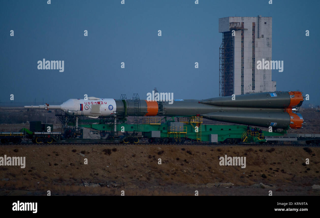 The Soyuz rocket is rolled out by train to the launch pad at the ...