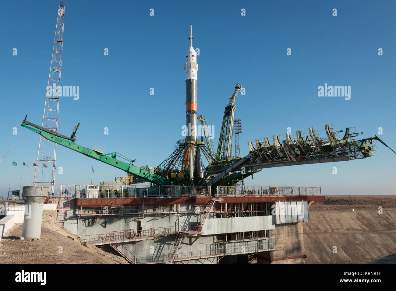 The Soyuz rocket is seen after being rolled out by train to the launch ...