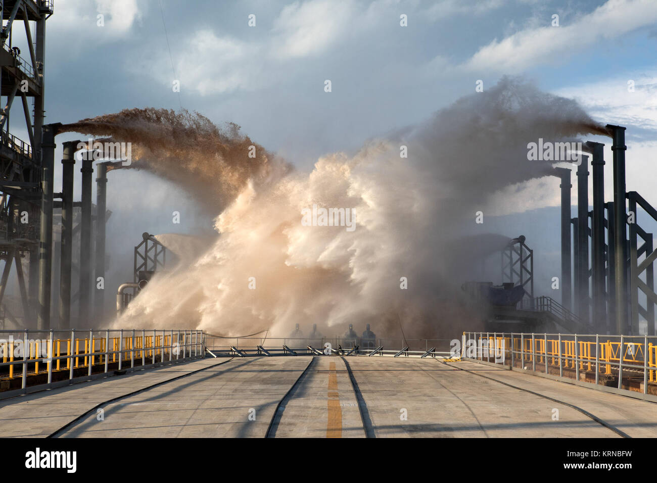 Water sprays onto Launch Complex 39A during a test by SpaceX of the ...