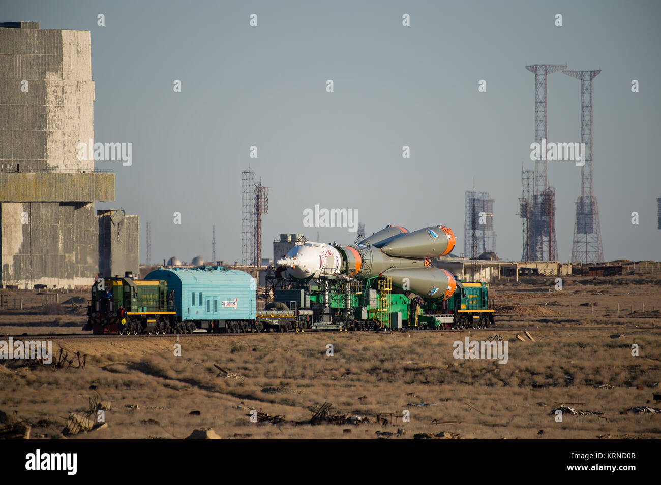 The Soyuz MS-04 spacecraft is rolled out to the launch pad by train on ...