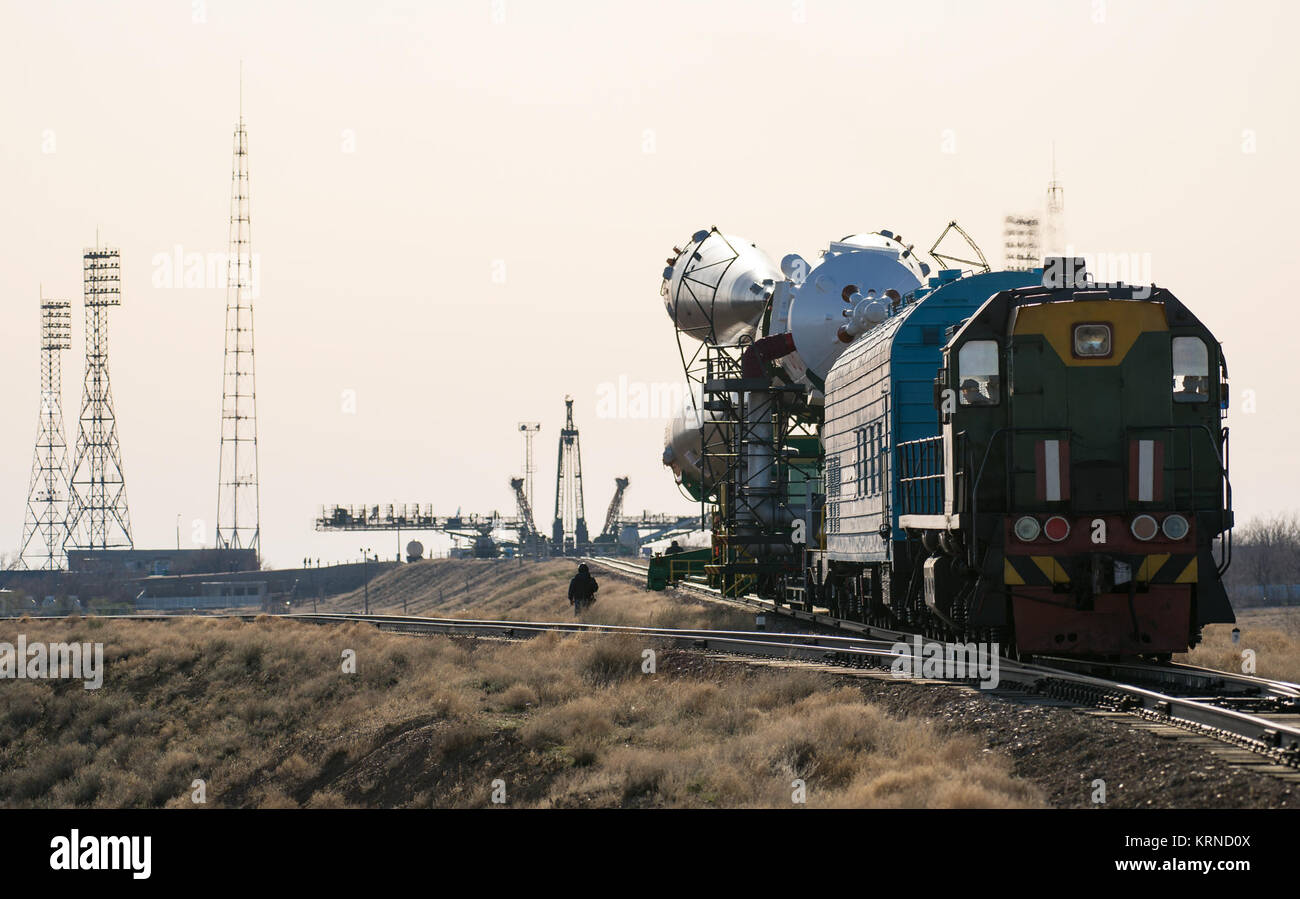 The Soyuz MS-04 spacecraft is rolled out to the launch pad by train on ...