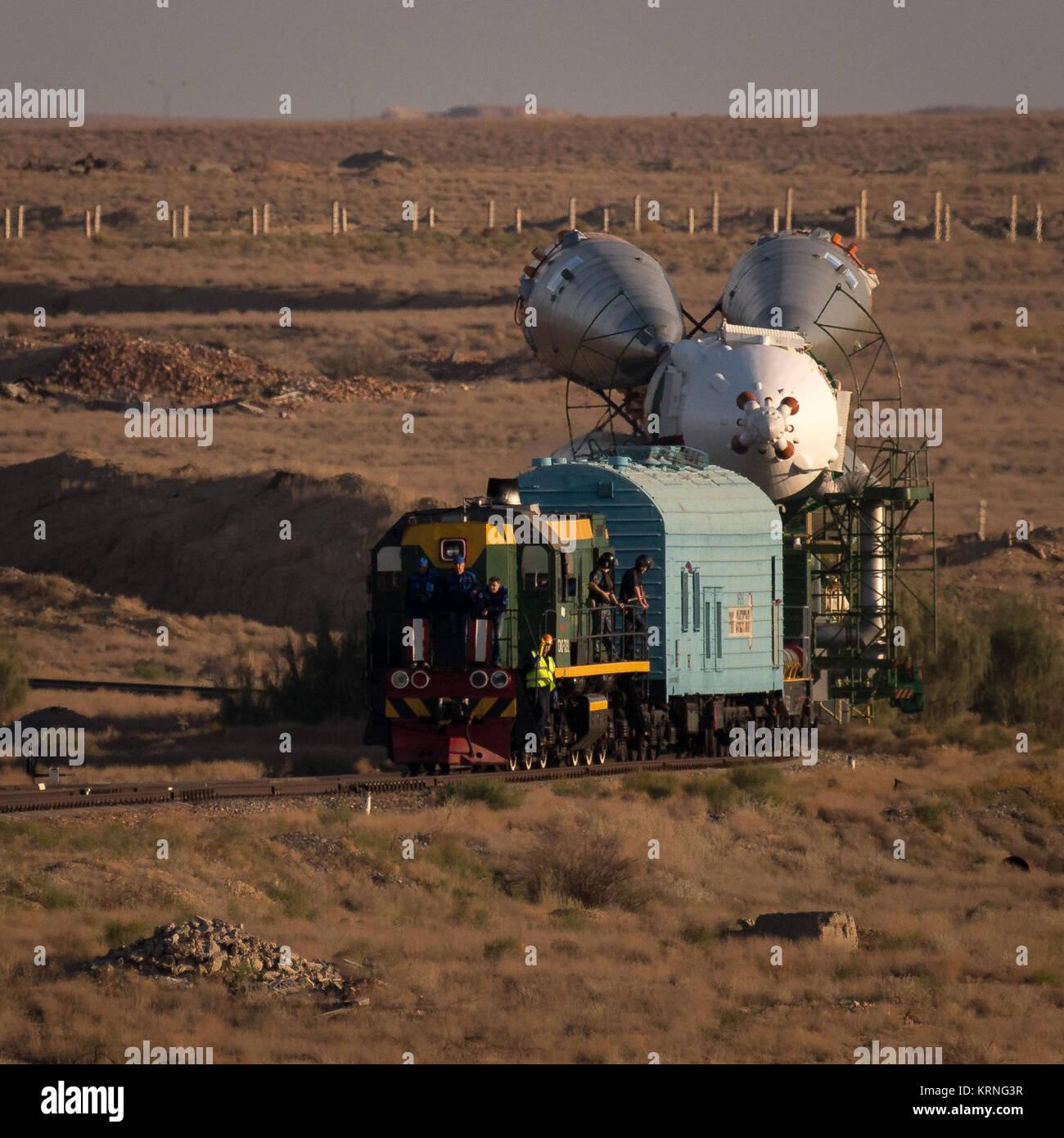 The Soyuz rocket is rolled out by train to the launch pad at the ...