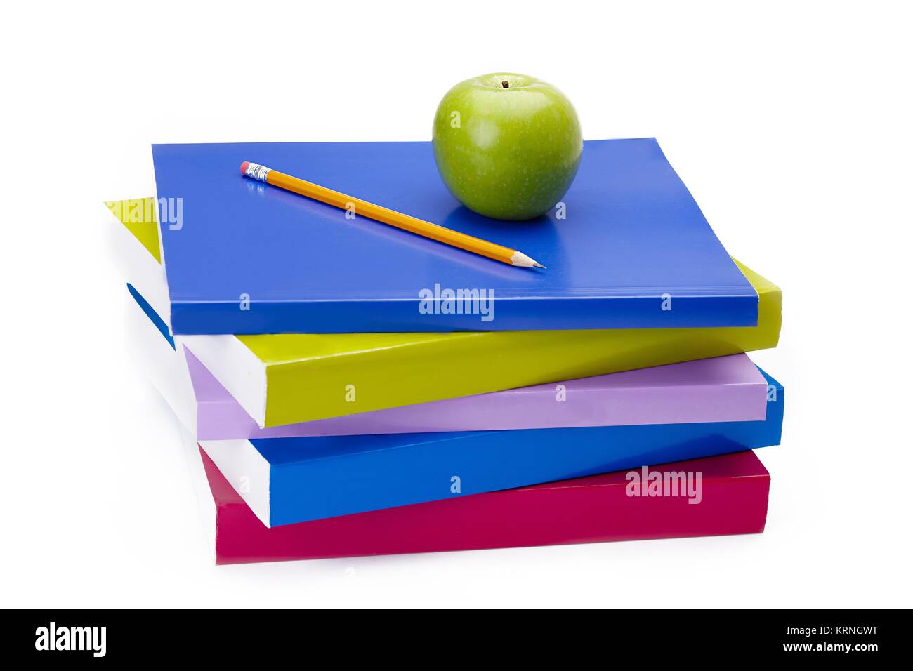 pencil and apple on top of many books Stock Photo - Alamy
