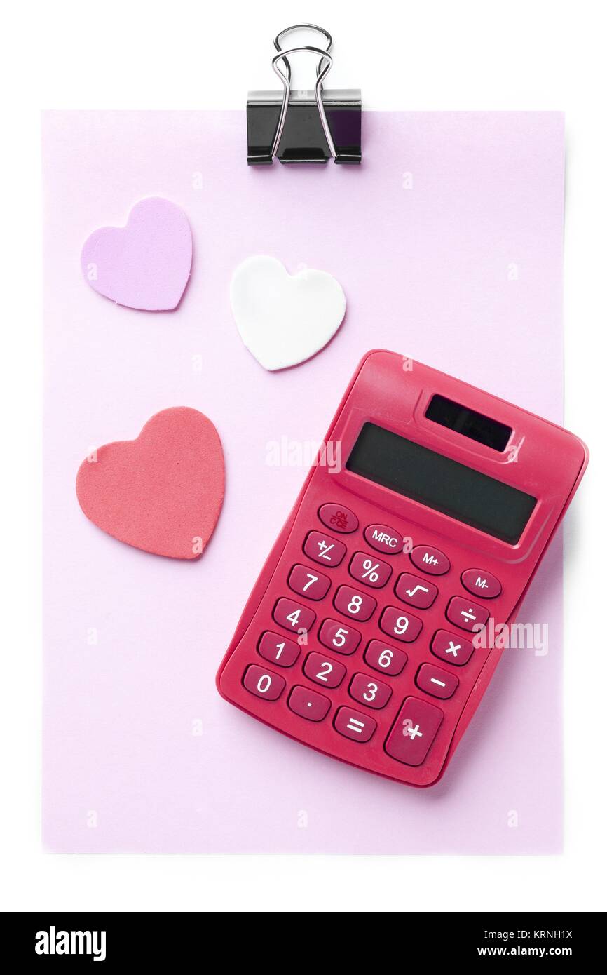 pink sheet calculator heart shaped and paper clip Stock Photo - Alamy