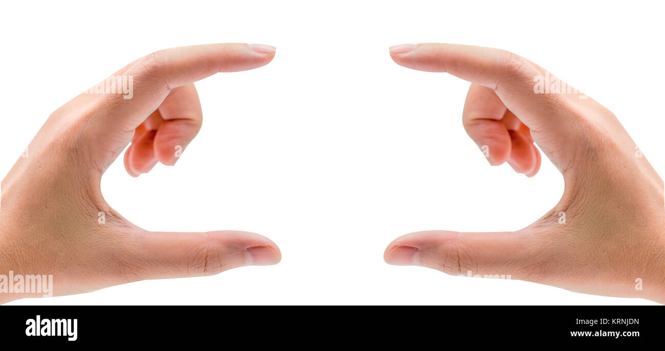 Man hands holding or pressing something isolated on white background ...
