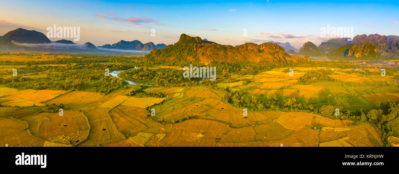 Aerial view of the fields, river and mountain. Beautiful landscape ...