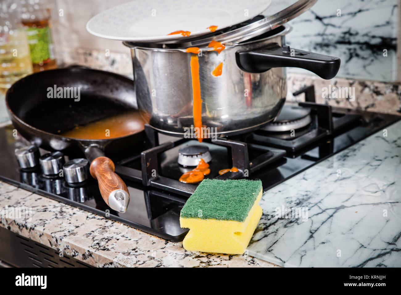Messy kitchen with dirty cookware, a single lifestyle concept Stock ...