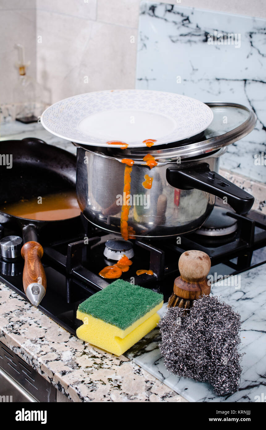 Messy kitchen with dirty cookware, a single lifestyle concept Stock ...