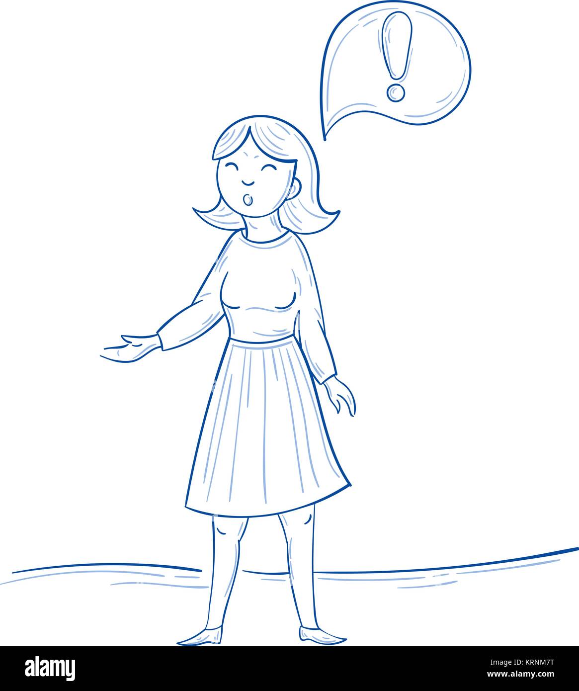 Funny cartoon hand drawn casual woman in standing pose and exclamation ...