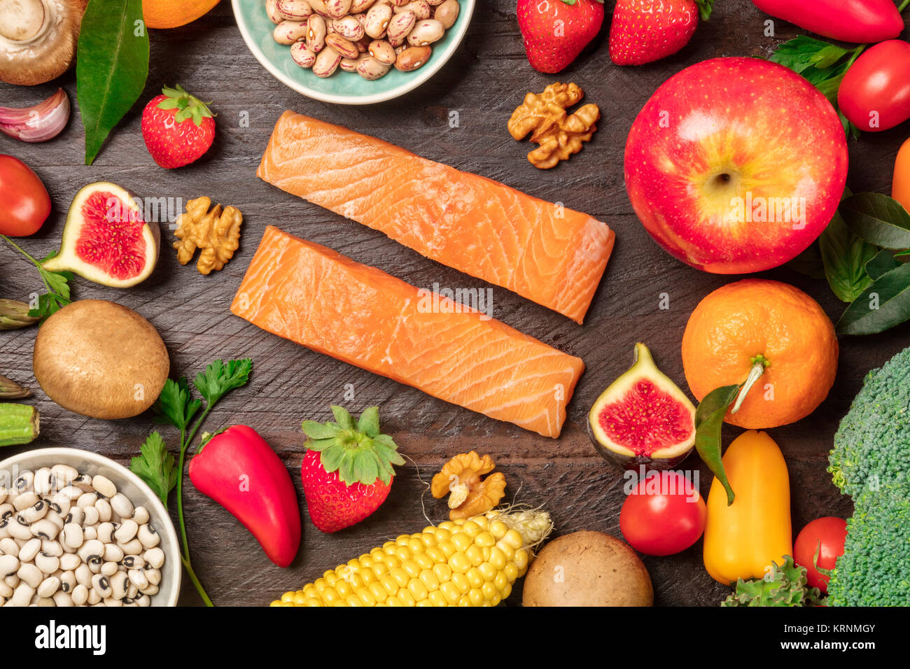 Overhead photo of healthy diet ingredients. Fresh food products Stock ...