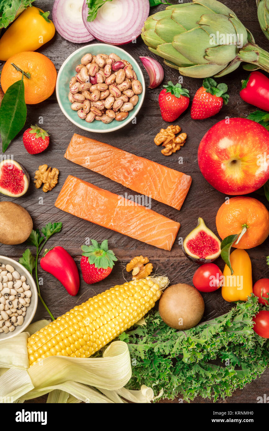 Overhead photo of healthy diet ingredients. Fresh food products Stock ...