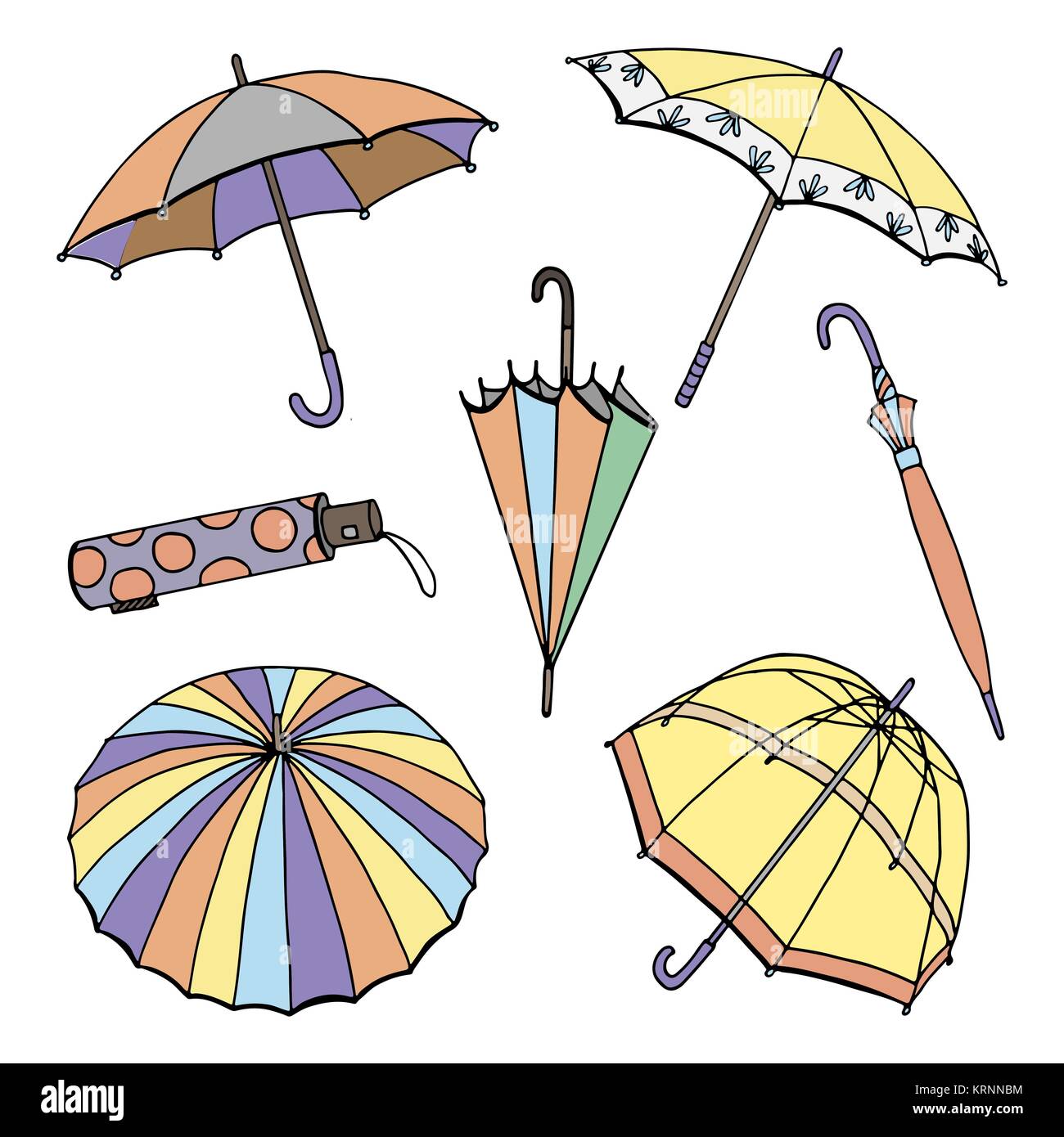 Hand drawn vector illustration of umbrellas, isolated on white ...